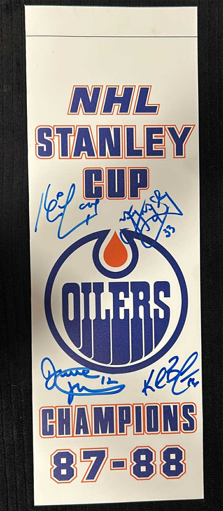 Oilers 87-88 Stanley Cup Champions Banners Autographed by Kevin Lowe ...